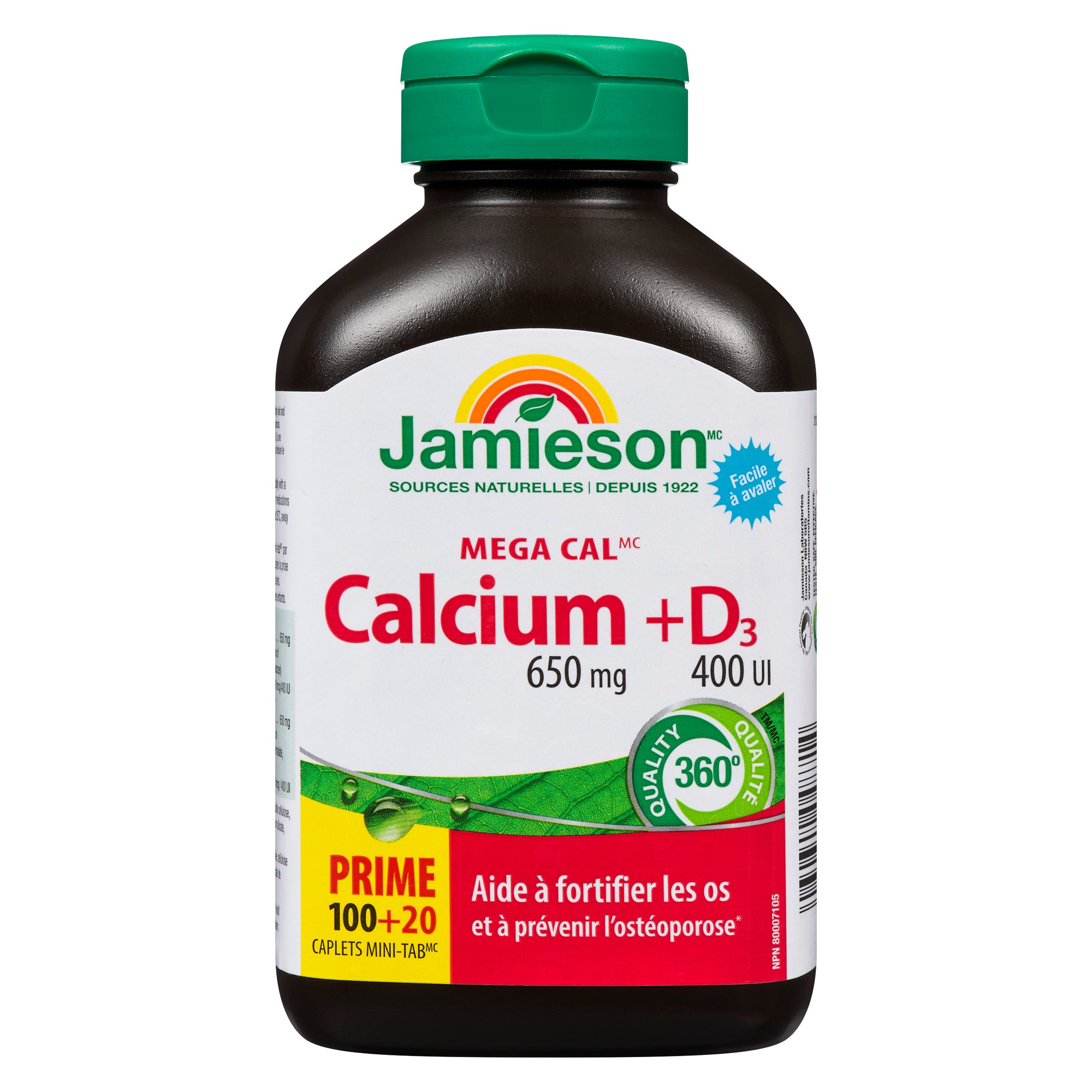 Jamieson Mega Cal Calcium + D3 400 IU 650-mg Mini-Tab Caplets, 120-Pac ...