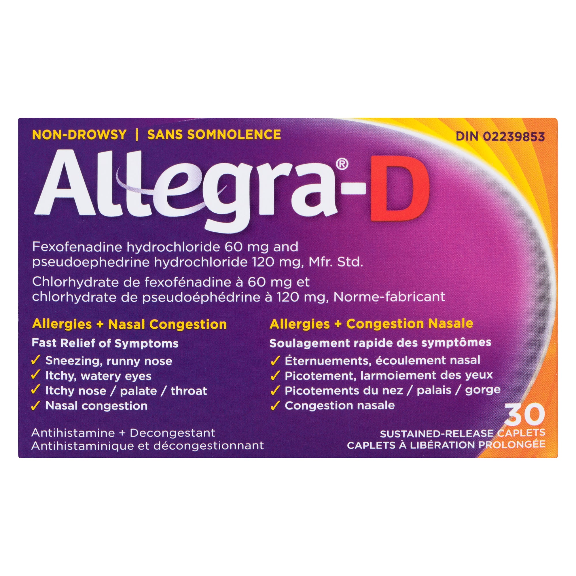 Allegra-D Antihistamine + Decongestant Sustained-Release Caplets, 30-P ...