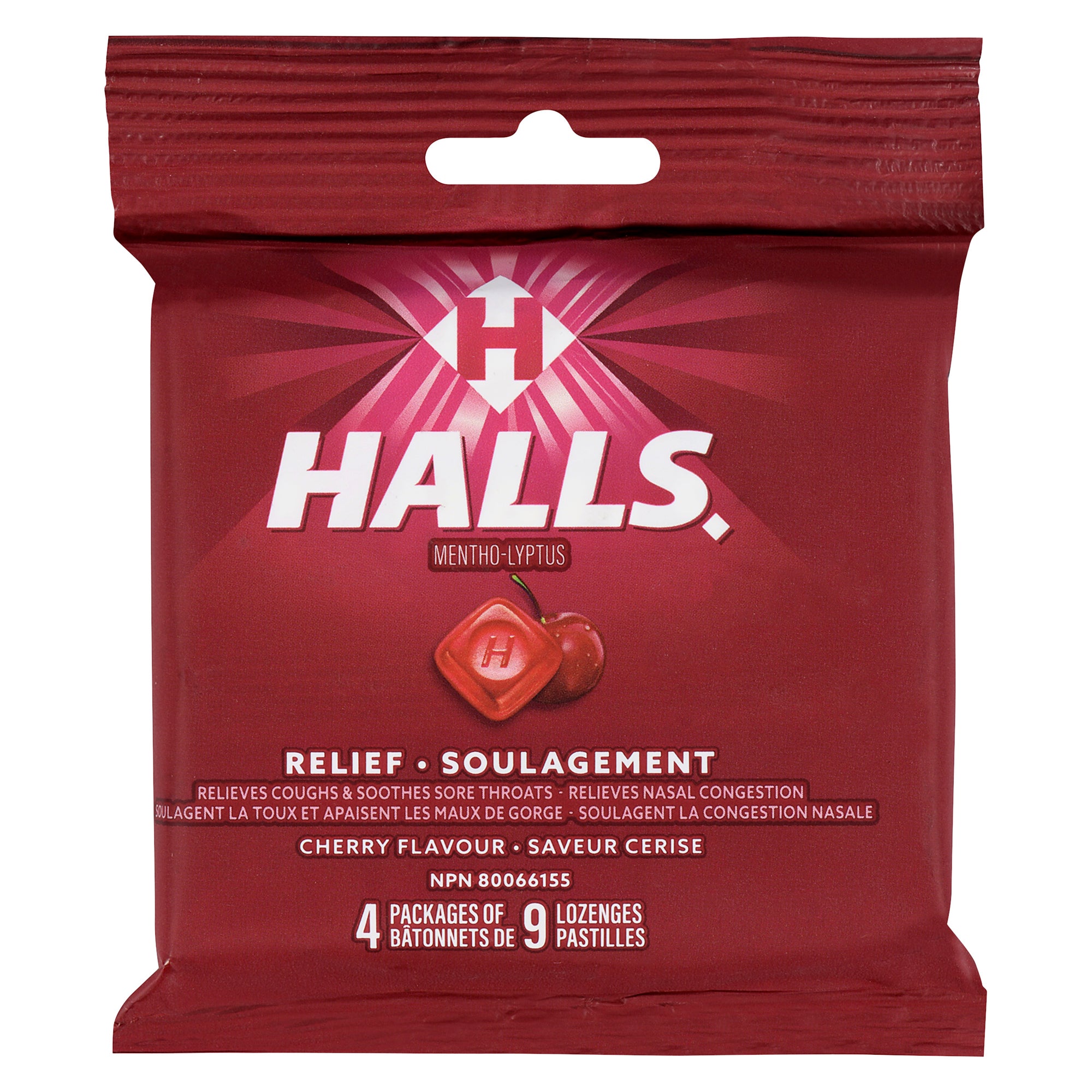 Halls Relief Lozenges Mentho-Lyptus Cherry Flavour, 4 Packages of 9 ...