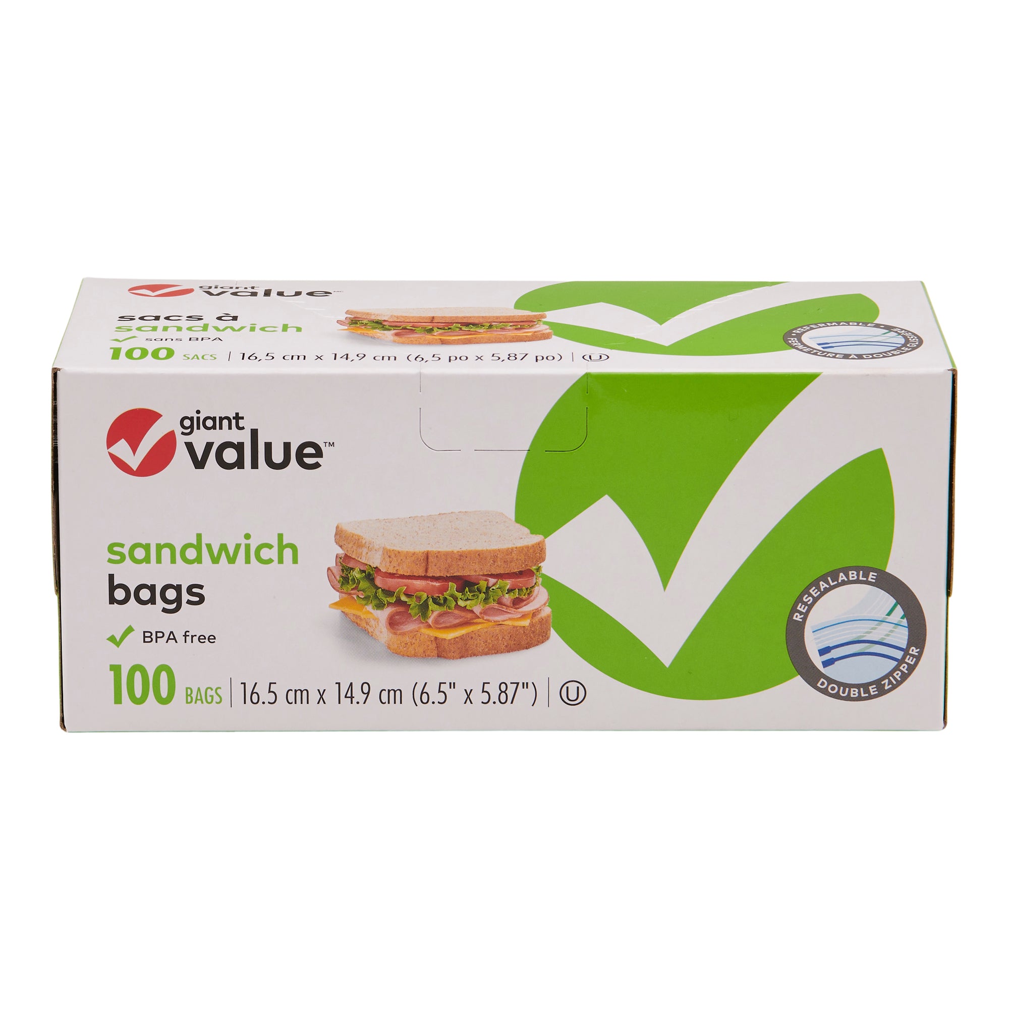 Giant Value Plastic Sandwich Bags with Resealable Double Zipper, 6.5-i ...