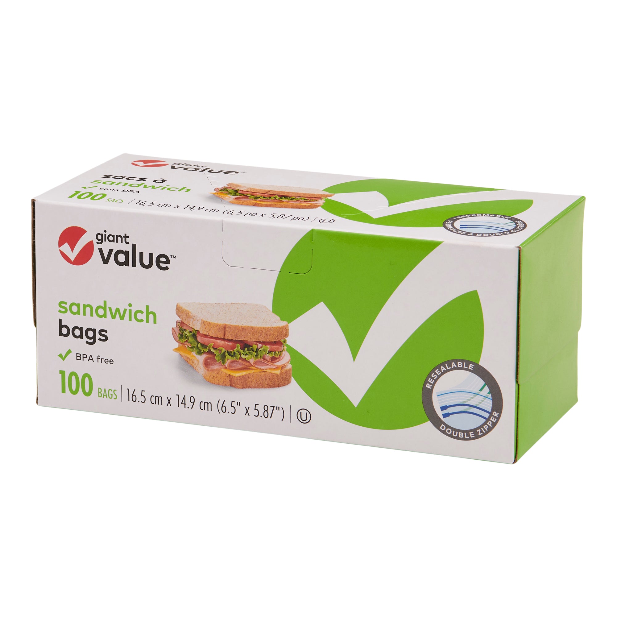 Giant Value Plastic Sandwich Bags with Resealable Double Zipper, 6.5-i ...