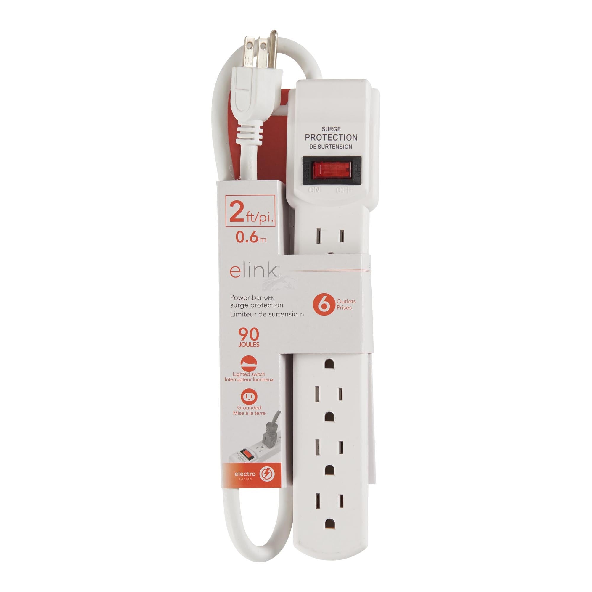 elink 6-Outlet Power Bar with Surge Protection, 2-ft, White – Giant Tiger